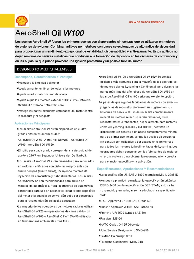 Ficha Técnica de AeroShell Oil W100 | PDF | Petróleo | Motores