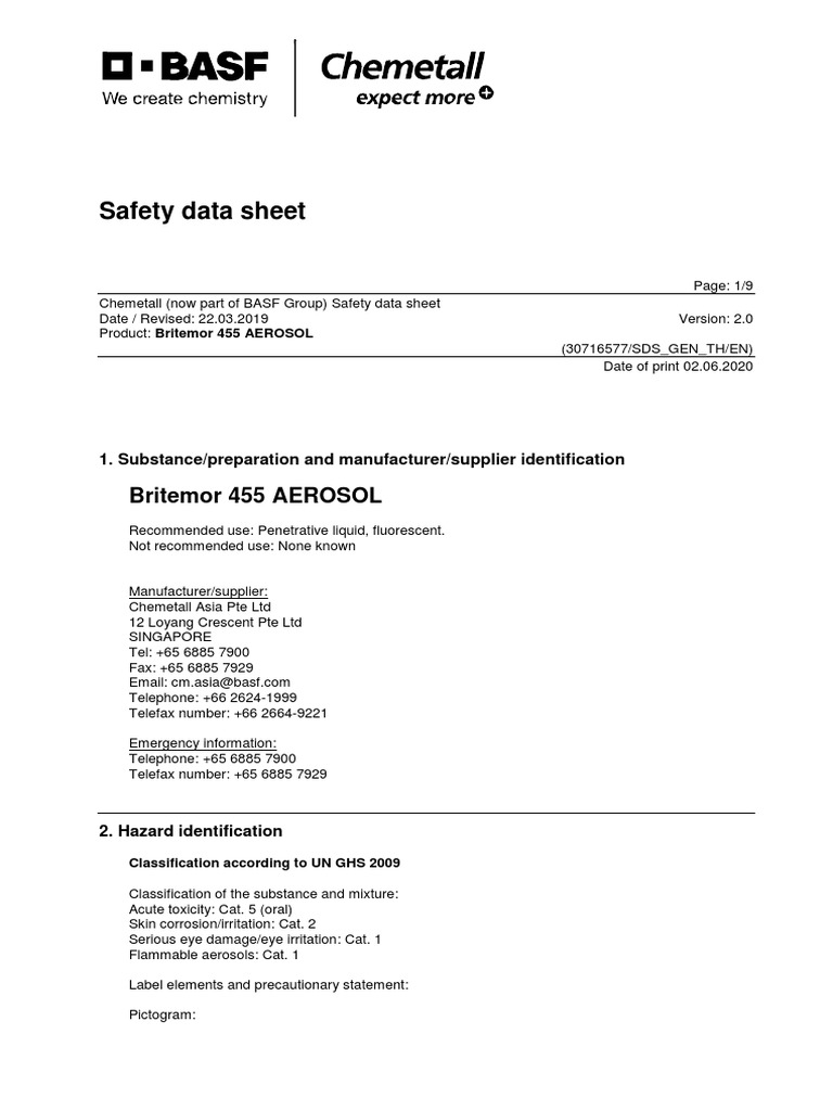 Safety Data Sheet: Britemor 455 AEROSOL | PDF | Toxicity | Dangerous Goods
