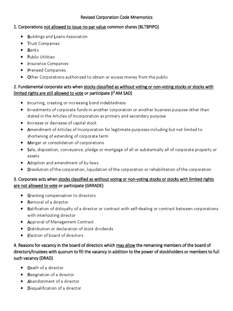 Revised Corporation Code Mnemonics | PDF | Corporations | Consolidation ...