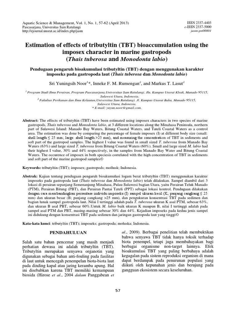 Estimation of Effects of Tributyltin (TBT) Bioaccumulation Using The ...
