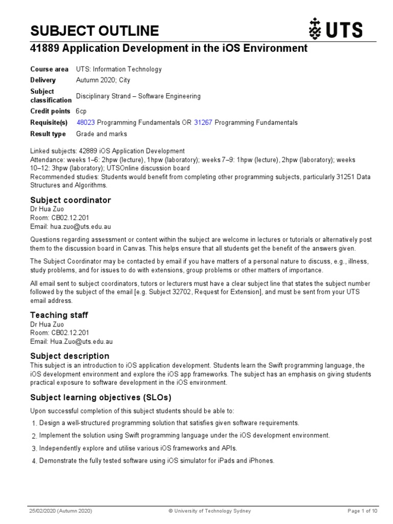Subject Outline: 41889 Application Development in The iOS Environment ...