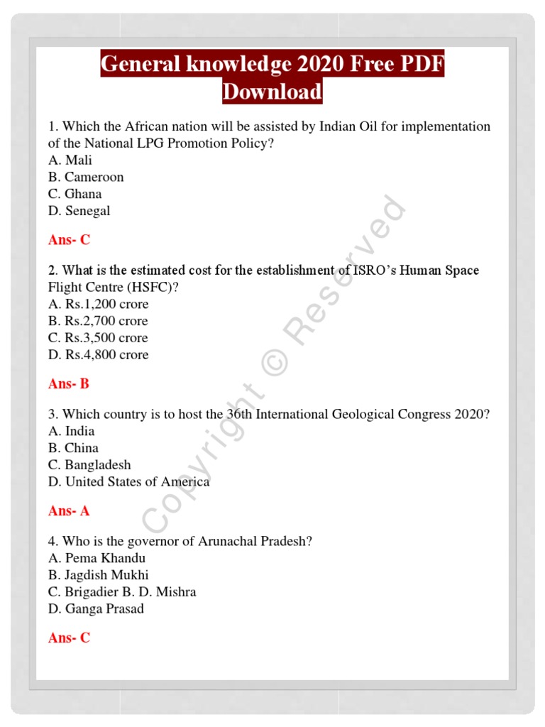 General Knowledge 2020 Free PDF Download: Ans-C | PDF | Government Of ...