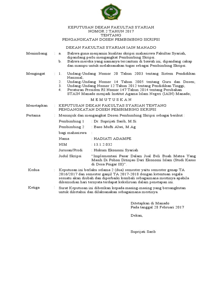 Contoh SK Pembimbing Dan Penguji Skripsi | PDF