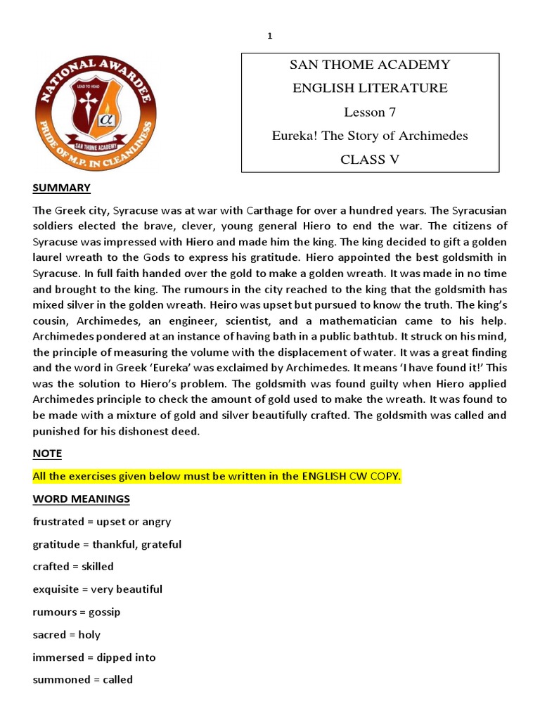 San Thome Academy English Literature Lesson 7 Eureka! The Story of ...