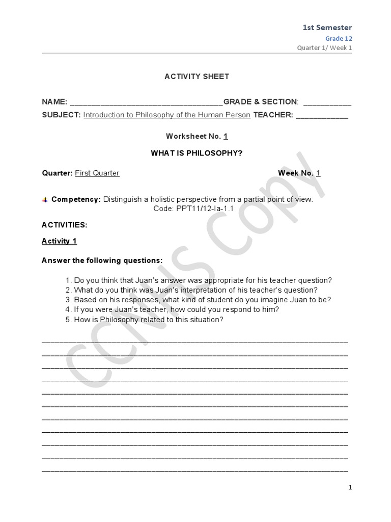 Activity Sheet: What Is Philosophy? Quarter: First Quarter Week No. 1 | PDF