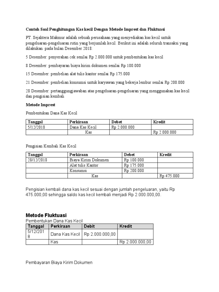 Contoh Soal Penghitungan Kas Kecil Dengan Metode Imprest Dan Fluktuasi ...