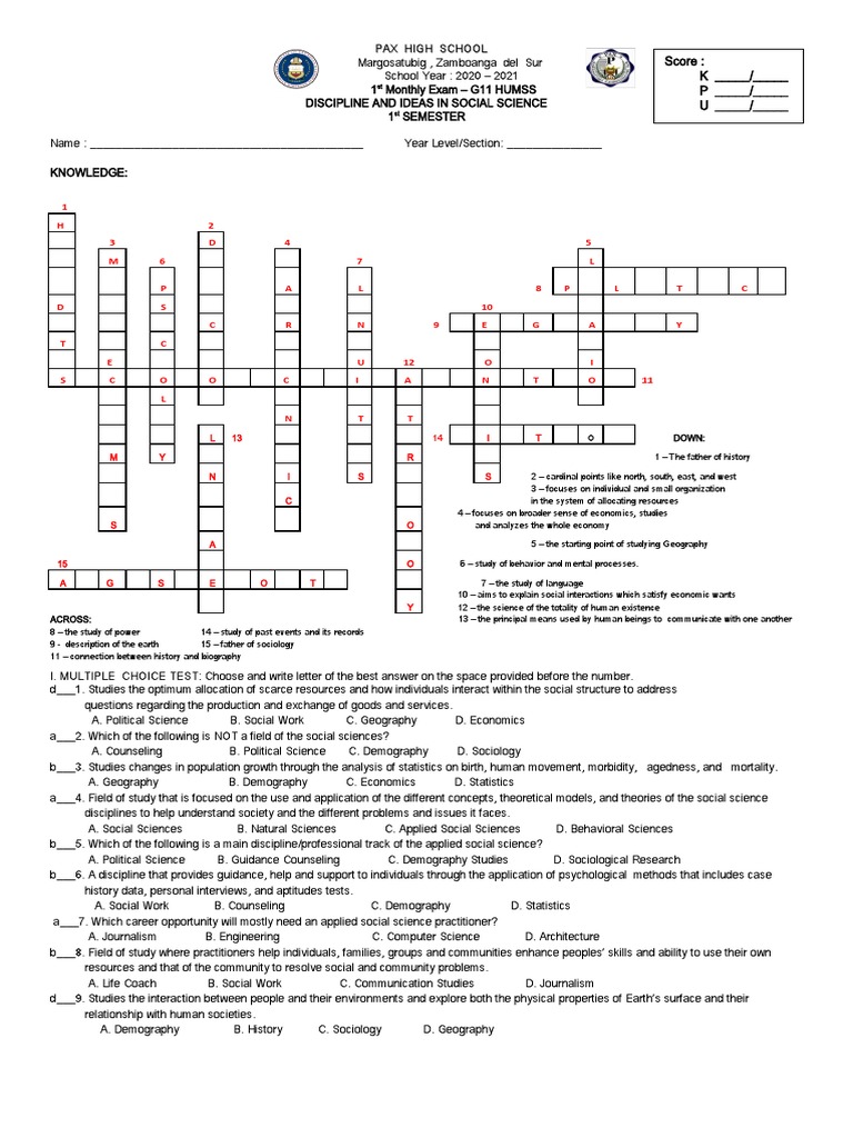 G11 HUMSS Social Science Exam 2020 | PDF | Id | Social Science
