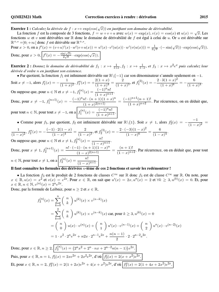 2015 - Exercices Dérivation Correction PDF | PDF | Enseignement des mathématiques | Analyse ...