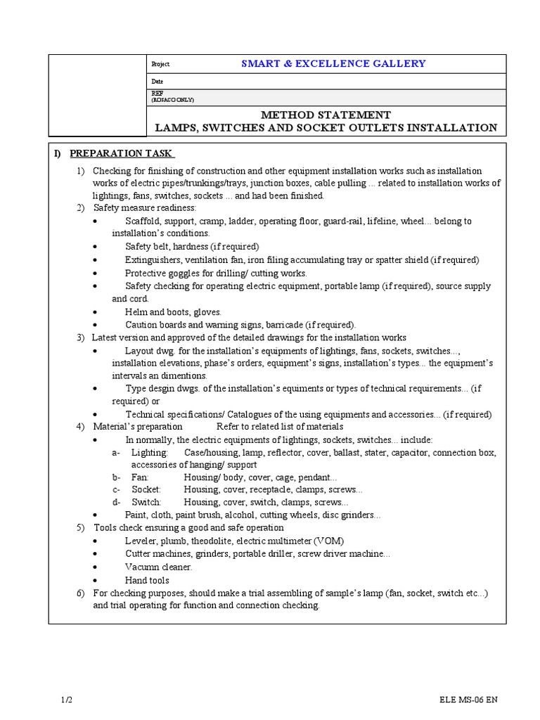 Method Statement Lamps, Switches and Socket Outlets Installation | PDF | Electrical Connector ...