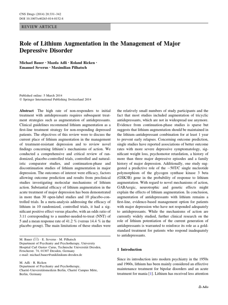 Role of Lithium Augmentation in The Management of Major Depressive ...