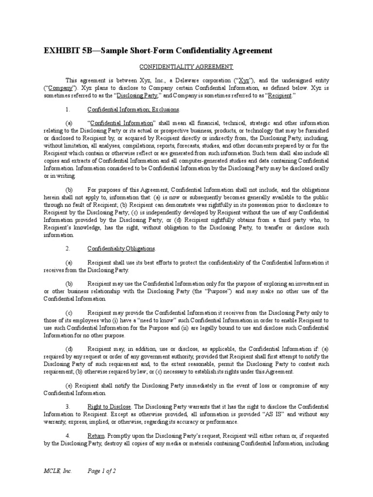 Sample Short-Form Confidentiality Agreement From MCLE | PDF ...
