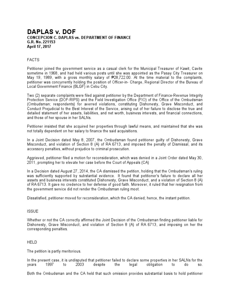 Assignment Daplas Vs DOF Digest | PDF | Prejudice (Legal Term) | Complaint