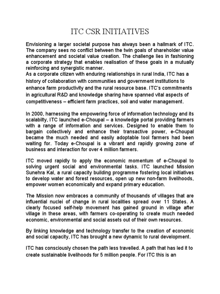 Itc CSR Initiatives | PDF | Sustainability | Corporate Social Responsibility