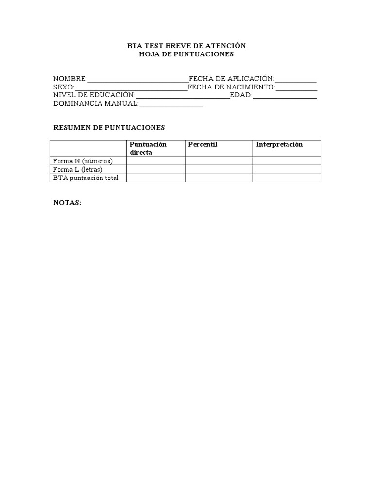 Bta Test Breve de Atención Hoja de Puntuaciones | PDF | Cognición | Science
