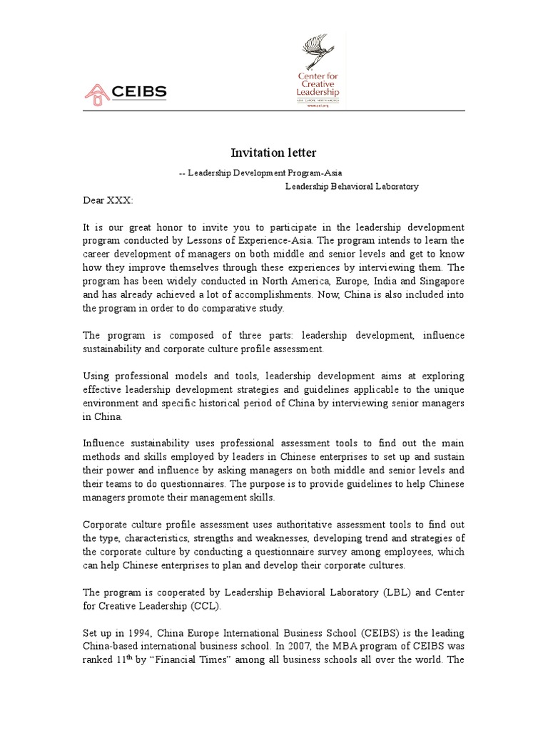 Invitation Letter: - Leadership Development Program-Asia Leadership ...