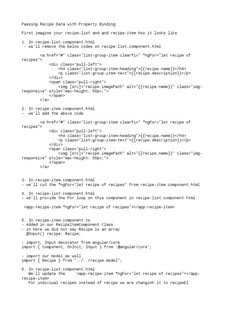 Passing Recipe Data Between Components with Property Binding in Angular | PDF