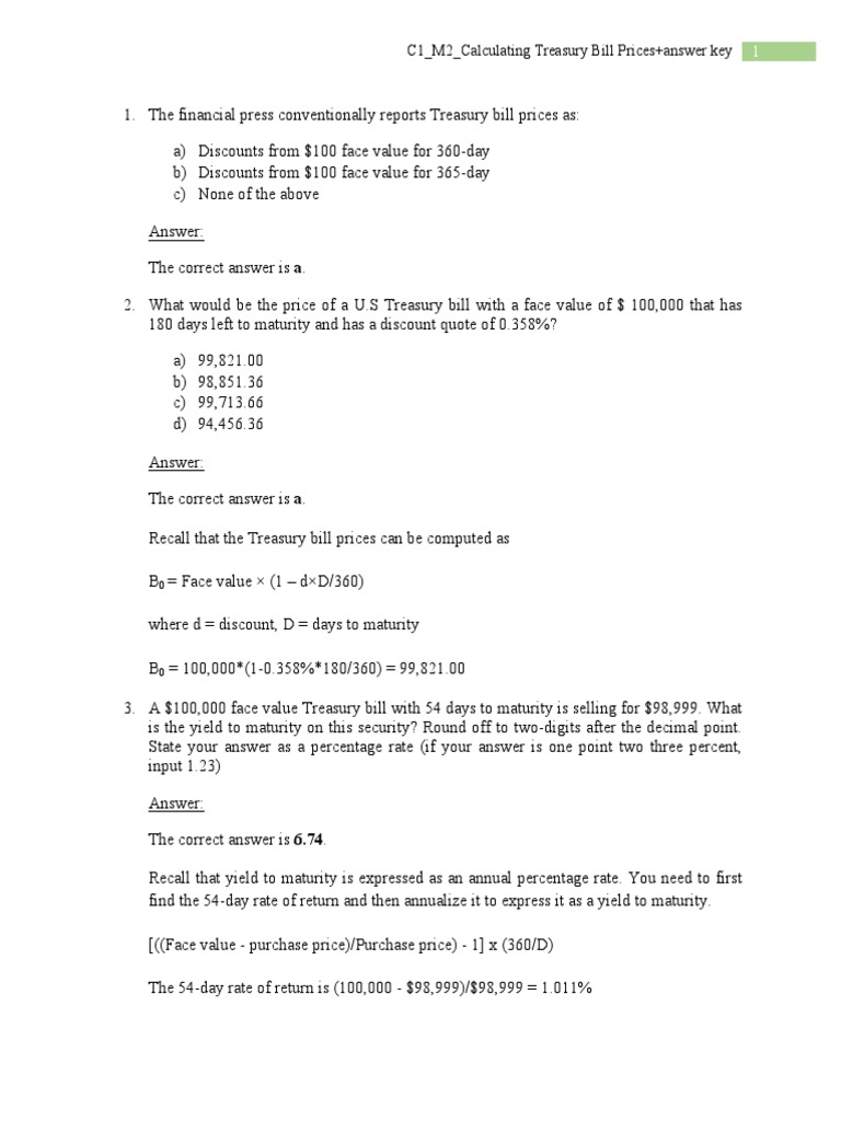 Calculating Treasury Bill Prices: An Example Problem Set with Answers | PDF