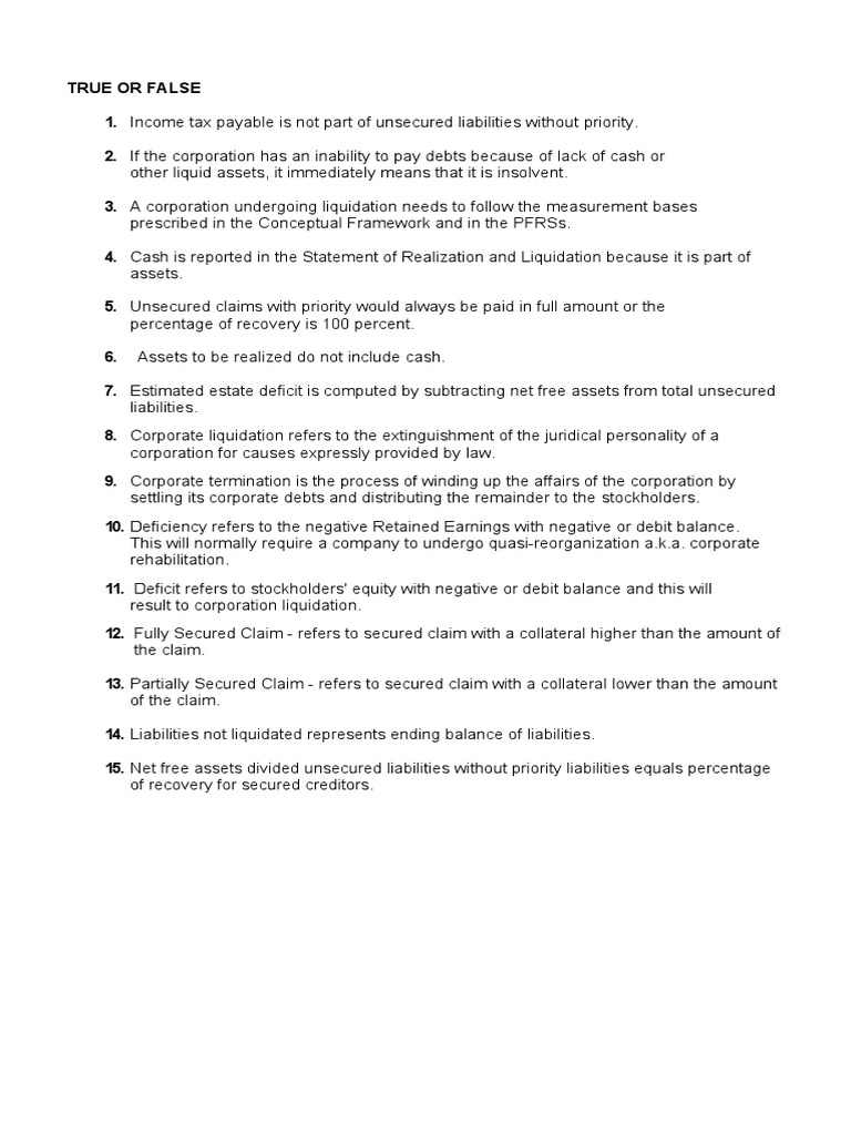 Corporate Liquidation Problem Set Pdf Unsecured Debt Liquidation