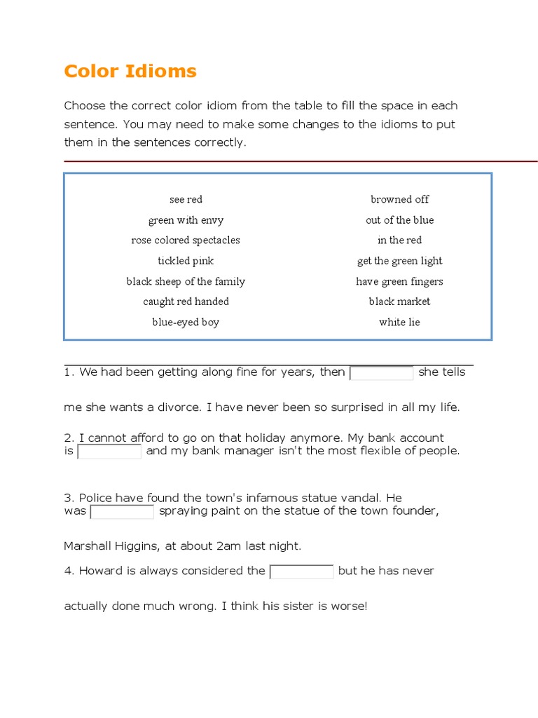 Exercises On Idioms Colour Idioms | PDF