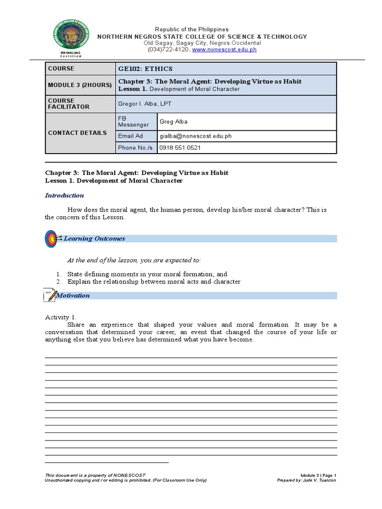 Ge102: Ethics Chapter 3: The Moral Agent: Developing Virtue As Habit ...