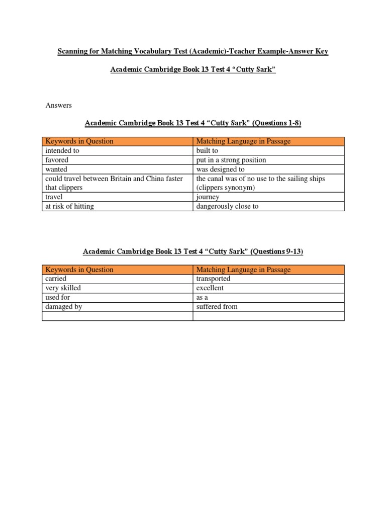 Scanning For Matching Vocabulary Test (Academic) - Teacher Example ...