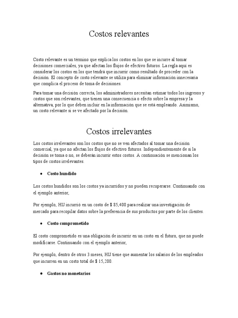 Costos Relevantes | PDF | Costo | Economias