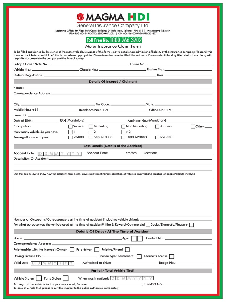 Motor Insurance Claim Form: Ddmmyyyy | PDF | Driver's License | Insurance