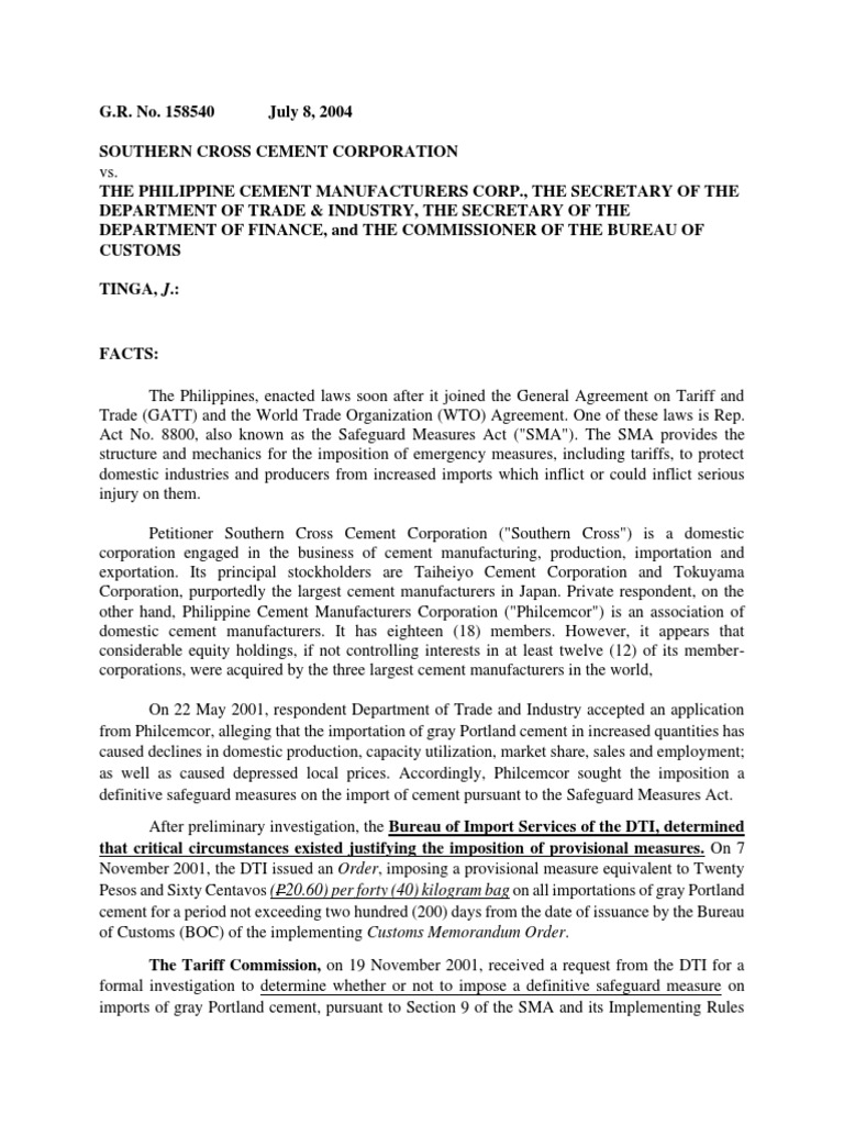 SOUTHERN CROSS CEMENT CORPORATION V PHILCEMCOR Digest PDF | PDF ...