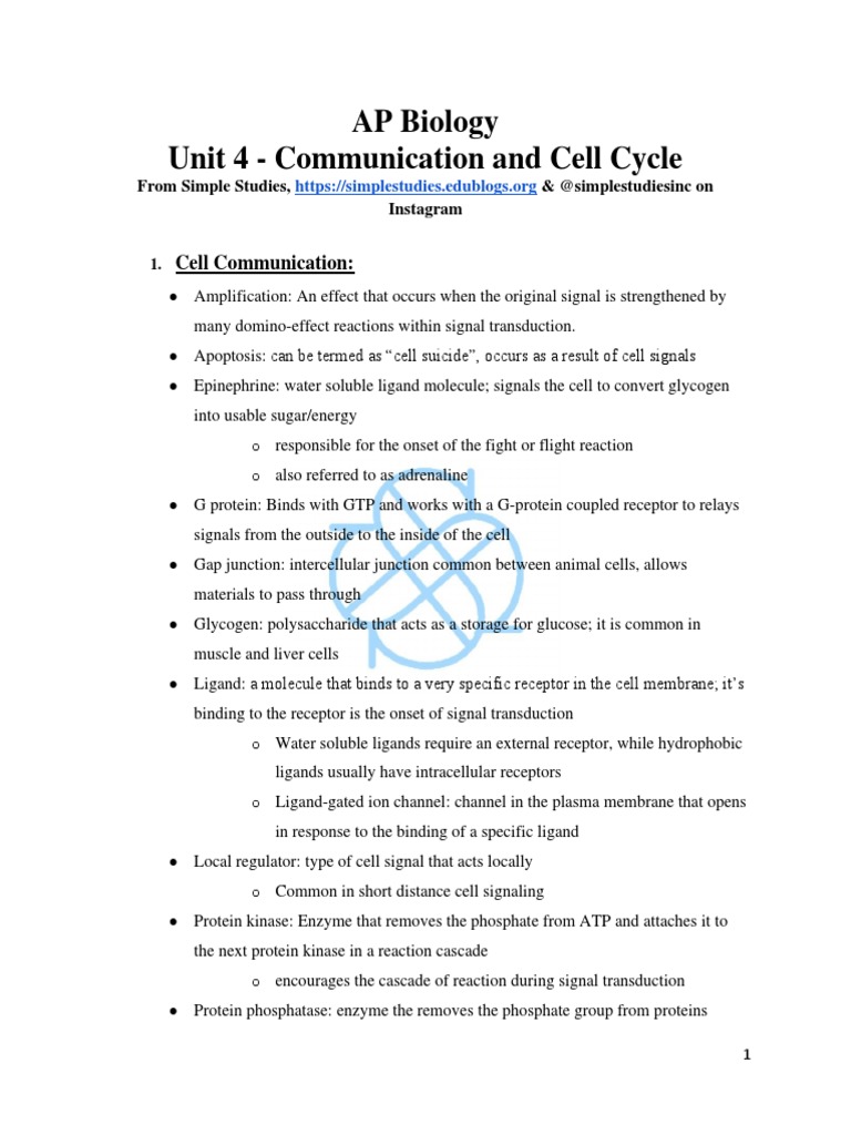AP Biology Unit 4 - Communication and Cell Cycle | PDF | Signal ...