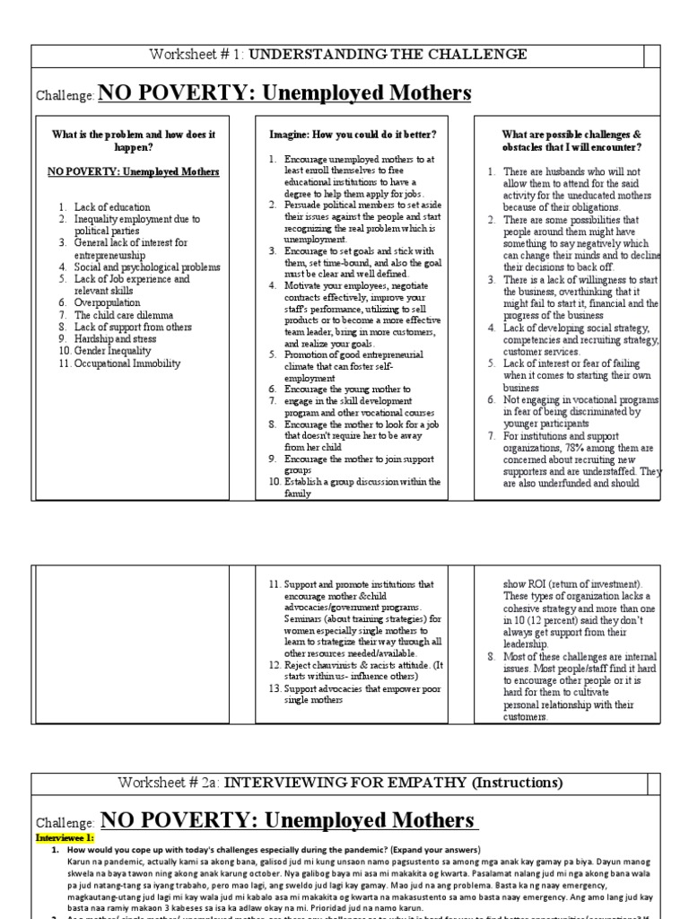 NO POVERTY: Unemployed Mothers: Worksheet # 1: Understanding The ...