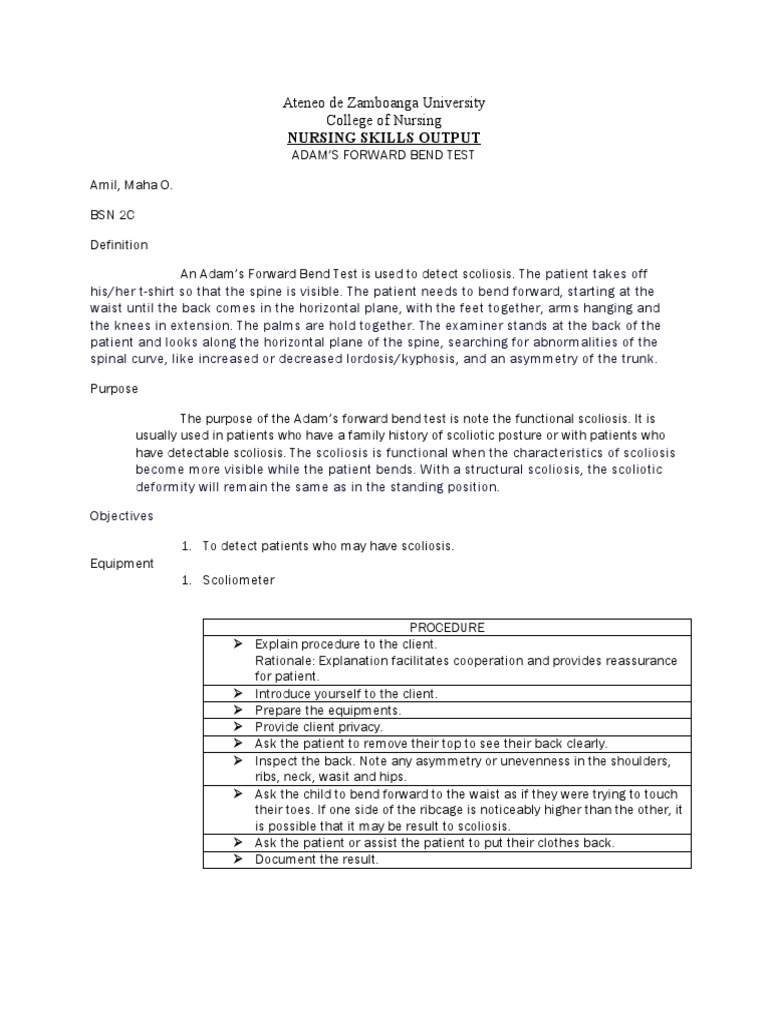 Adam's Forward Bend Test for Scoliosis | PDF | Scoliosis | Medical ...