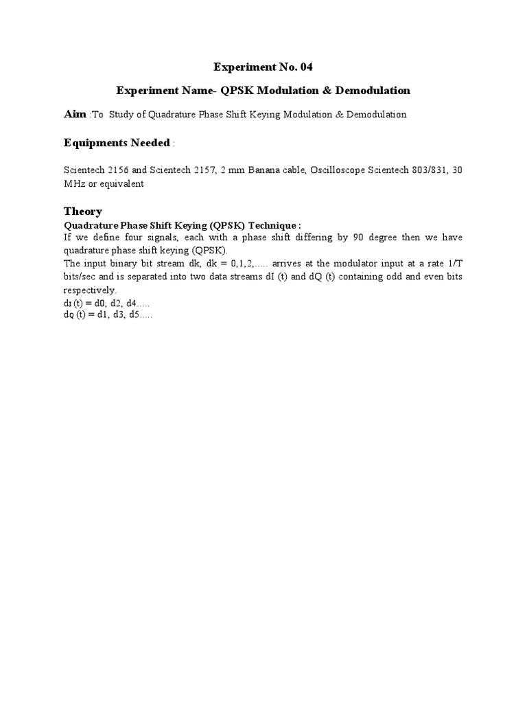 Experiment No. 04 Experiment Name-QPSK Modulation & Demodulation Aim Equipments Needed | PDF ...