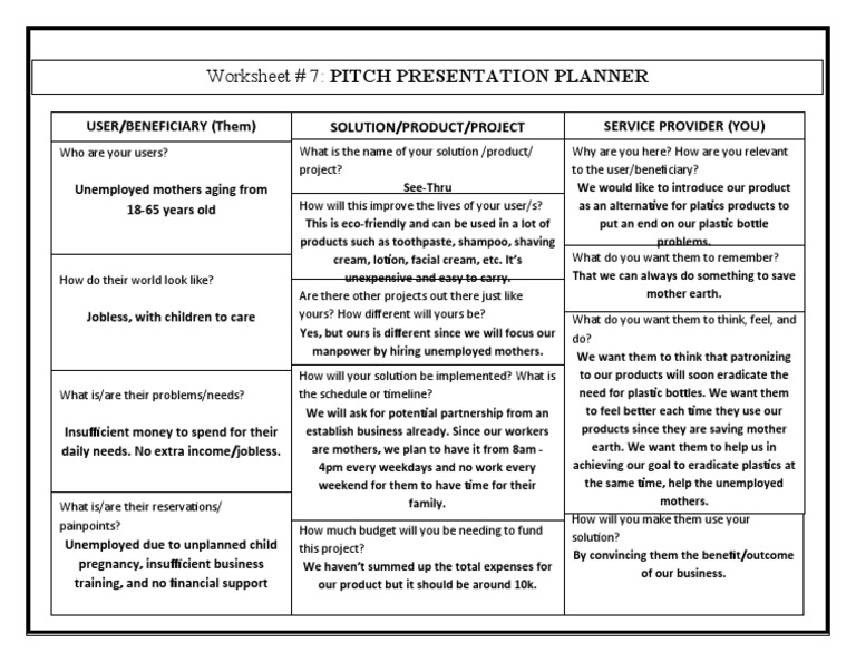 Worksheet # 7 PITCH PRESENTATION PLANNER | PDF | Economies | Business