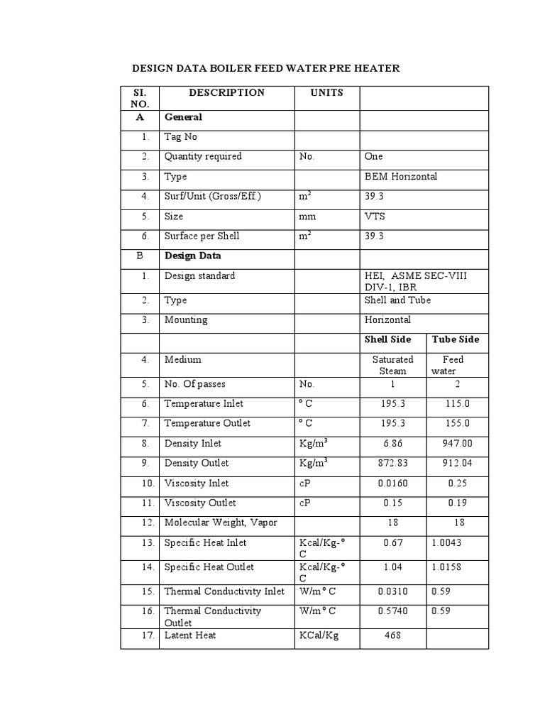 Feed Water Preheater Data Sheet | PDF | Pipe (Fluid Conveyance) | Boiler