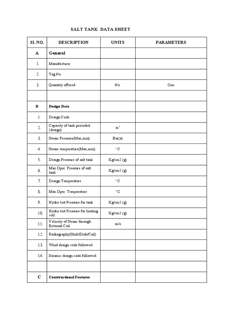 Salt Tank Data Sheet | PDF | Heat Exchanger | Gas Technologies