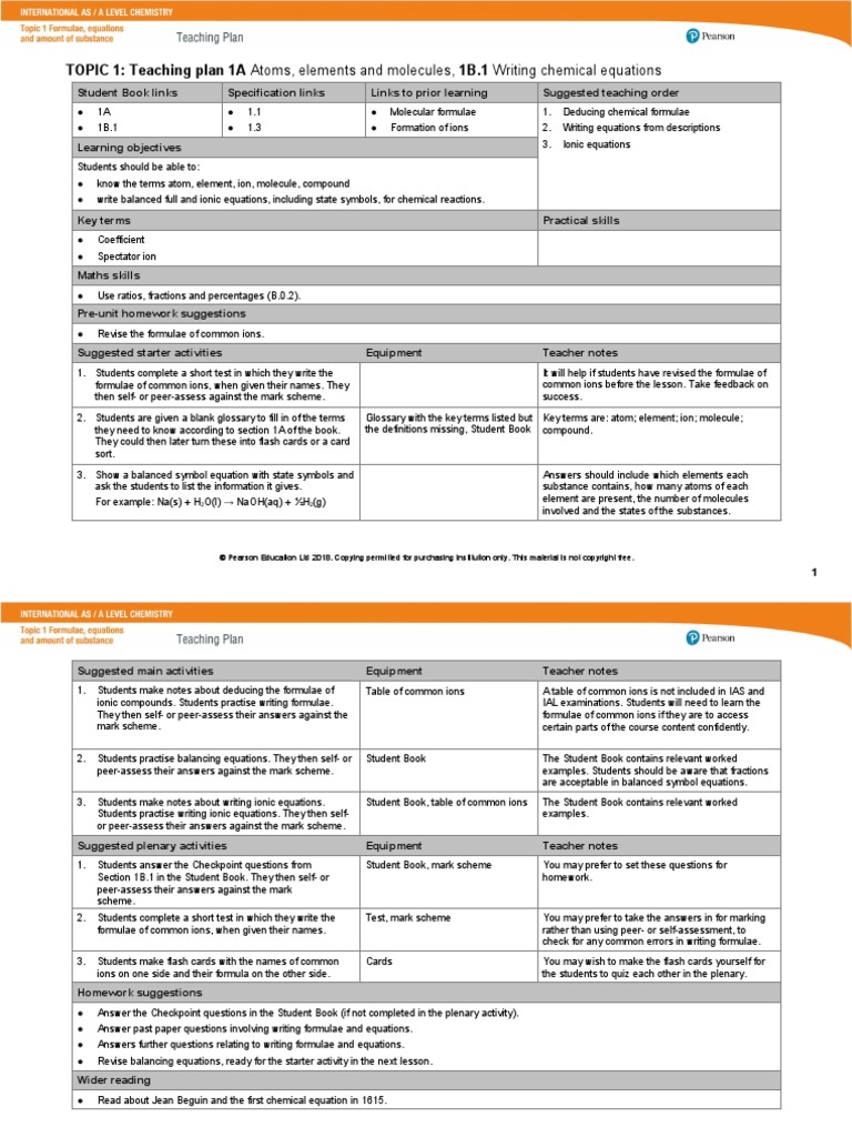 IAS - Chemistry - SB1 - Teaching Plans - T1 | PDF | Mole (Unit ...