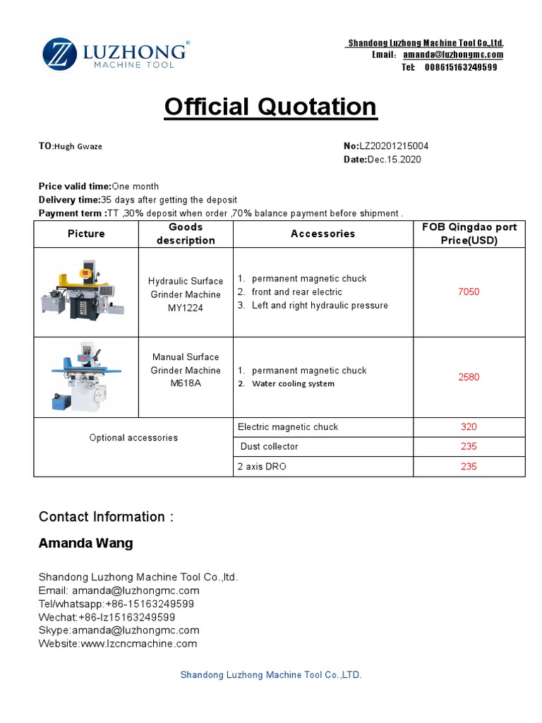 Official Quotation: Picture Goods Description Accessories FOB Qingdao ...