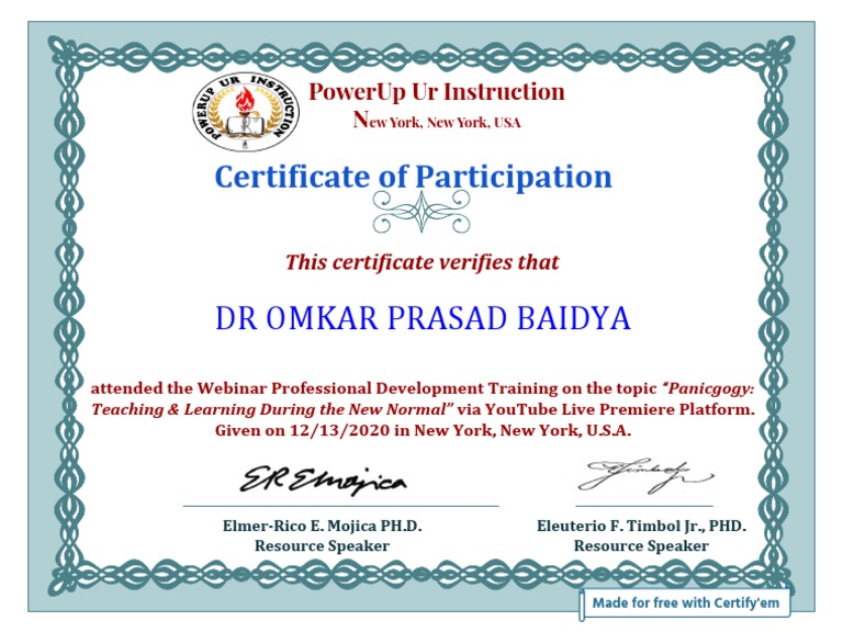 Certificate For DR OMKAR PRASAD BAIDYA For - E-Certificate Panicgogy | PDF