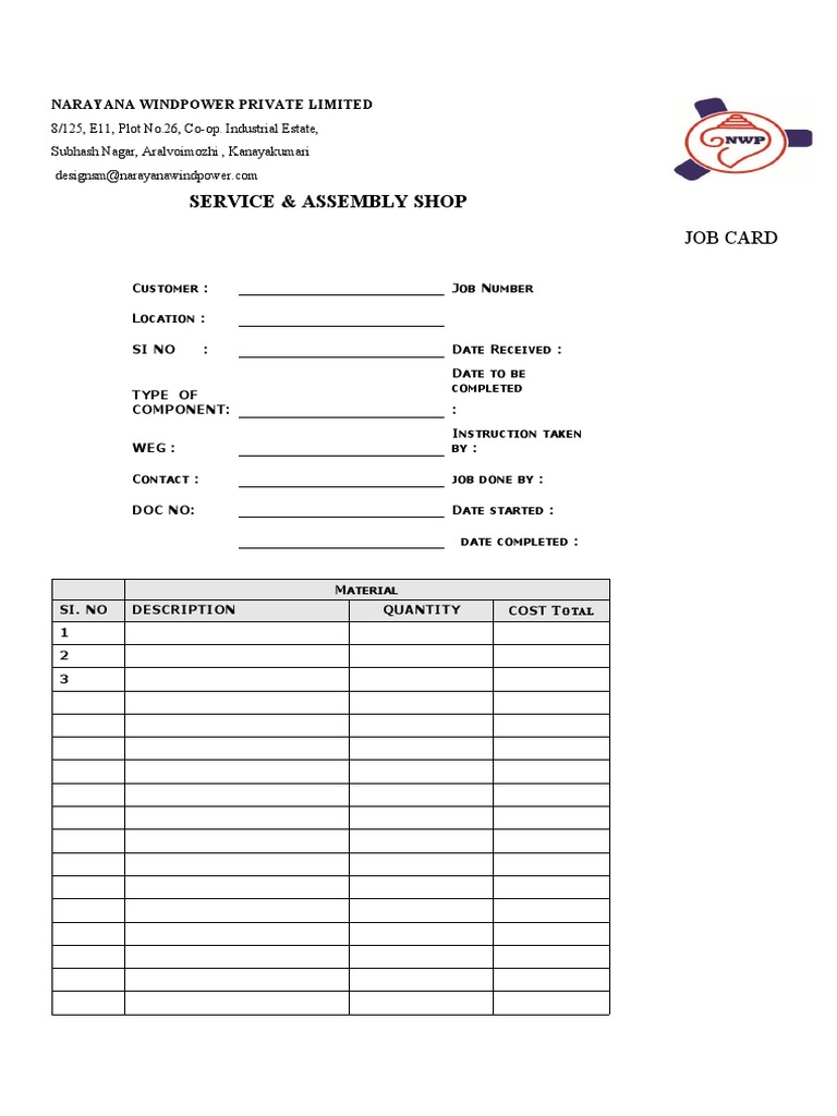 Job Card Template for Service & Assembly | PDF