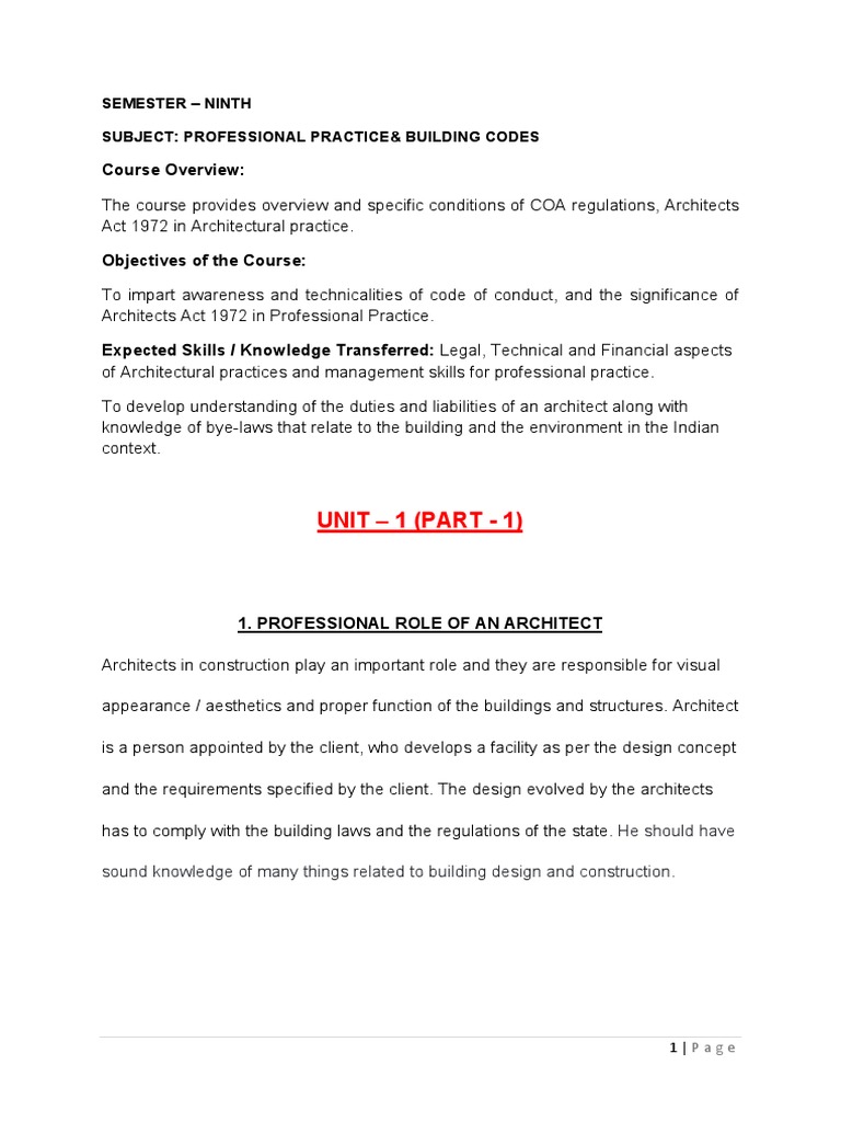 Professional Practice - Unit 1 - Part - 1 | PDF | Architect ...