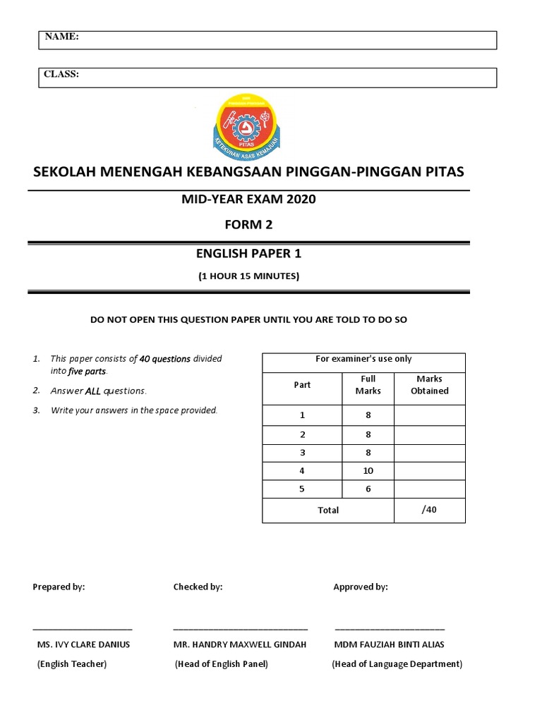 Form 2 Mid Year Exam 2020 Paper 1 | PDF | Evaluation Methods | Test ...