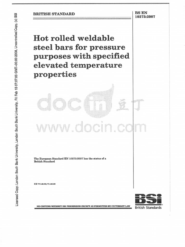 BS en 10273 2007 Hot Rolled Weldable PDF | PDF