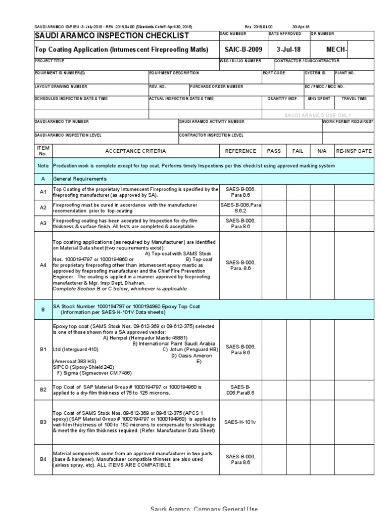 Saudi Aramco Inspection Checklist: Top Coating Application (Intumescent ...