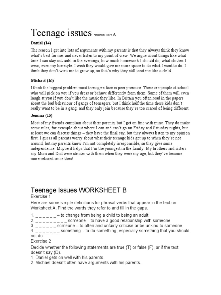 Teenage Issues Worksheet A | PDF | Self-Improvement