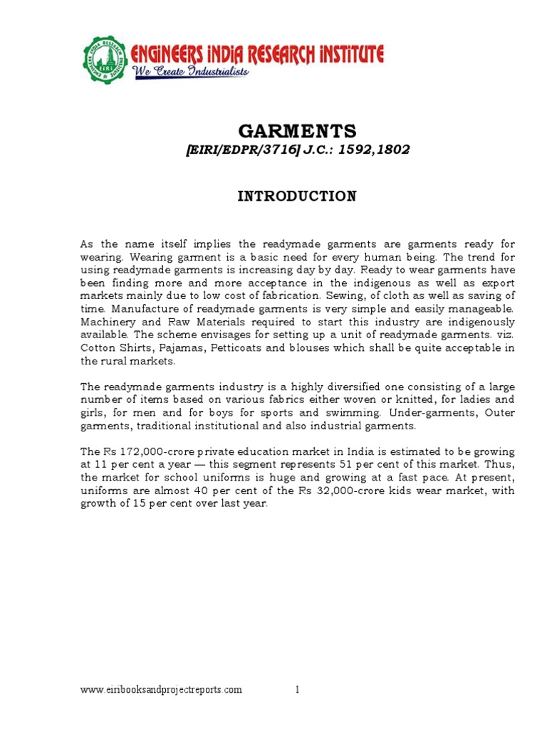 Readymade Garments Project Report | PDF | Clothing | Capital (Economics)