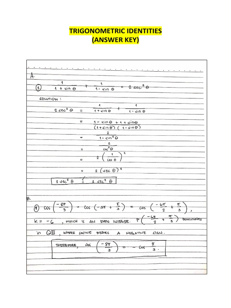 TRIGONOMETRIC IDENTITIES (Answer Key) | PDF
