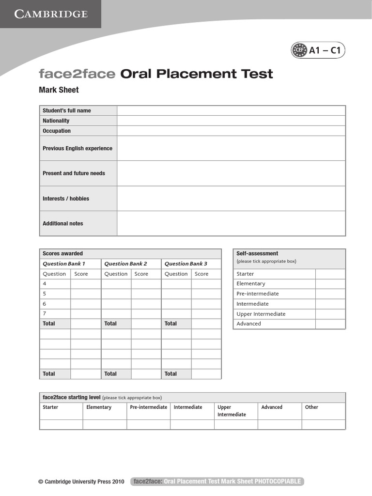 Face2face Oral Placement Test Mark Sheet PDF | PDF