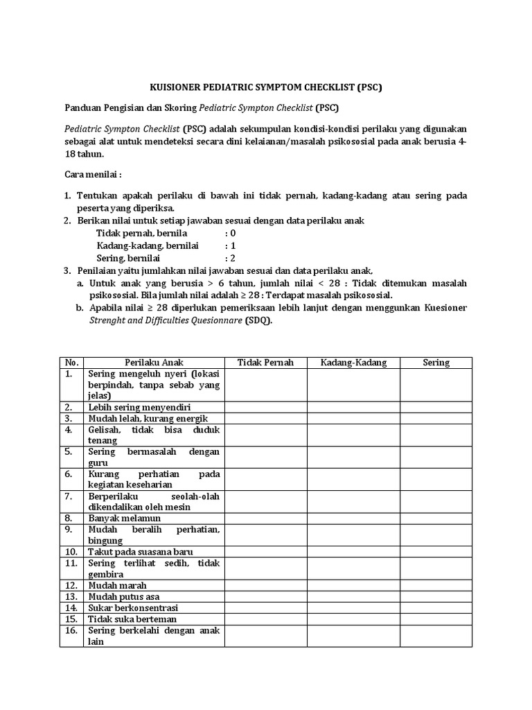 Kuisioner Pediatric Symptom Checklist | PDF