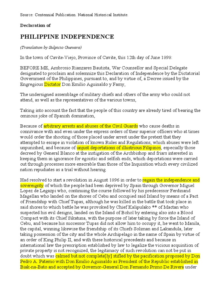 Philippine Independence Declaration 1898 | PDF | Philippines | Unrest