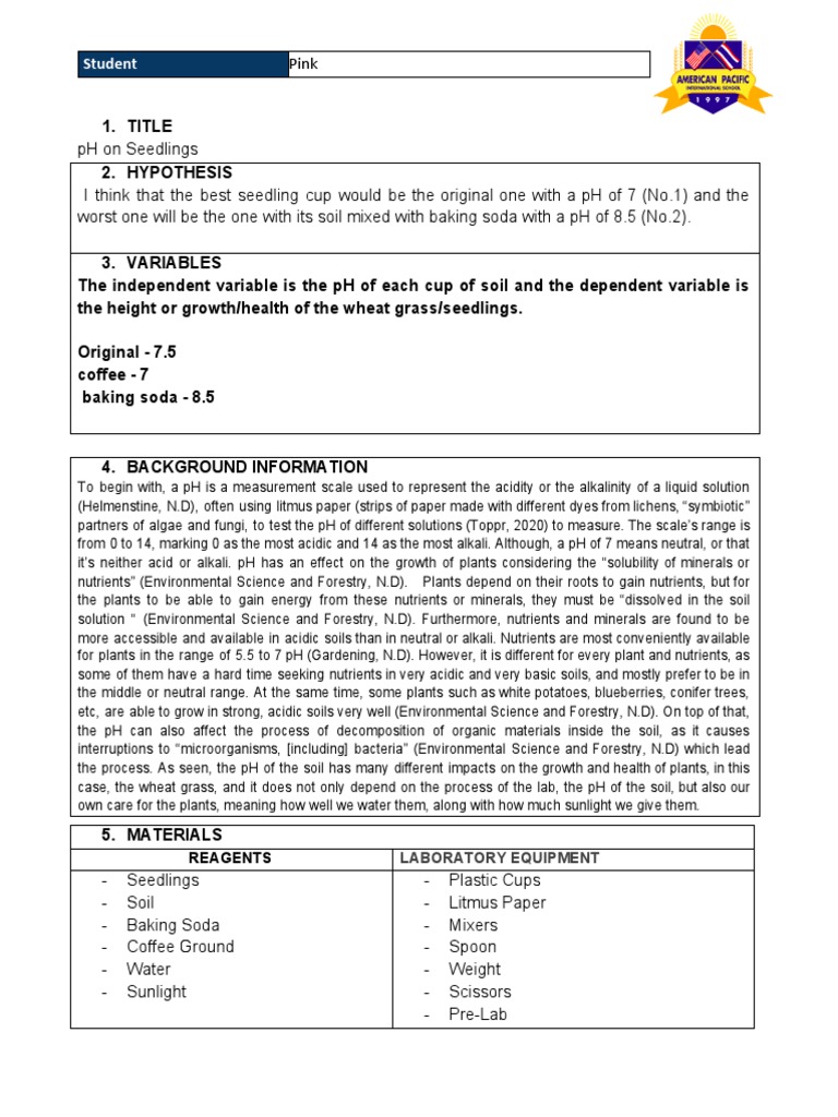 Pink Wachirapaet - Lab Report - PH On Seedlings | PDF | Soil | Experiment